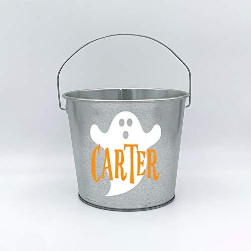 Personalized Halloween Ghost Name Pail - Choose The Color - Metal Pail Bucket Basket Bag for Girls and Boys