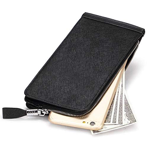 Huztencor Women's Credit Card Holder RFID Blocking Leather Multi Card Organizer Wallet Slim Long Zipper Bi-fold Business Card Case Clutch Wallet with ID Window Black (FBA)