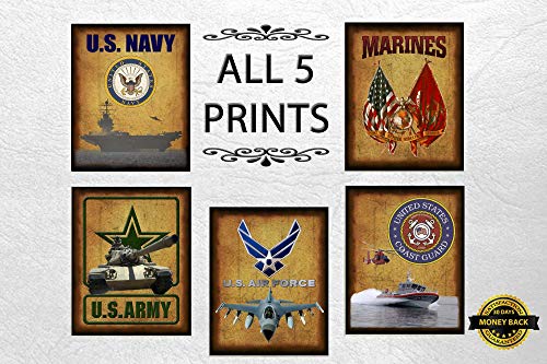 Military 5 Pack Patriotic Tribute to All 5 Branches - Wall Art - 8" X 10" - Unframed - Makes People Stop in Respect (Military 5 Pack 8" X 10")