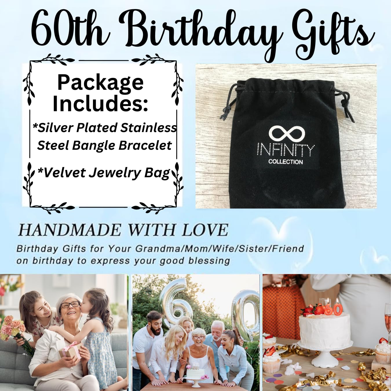 Infinity Collection 60th Birthday Charm Bracelet – Rose Gold Adjustable Bangle with Fabulous & Sixty Charms – Gift for Women – Includes Velvet Jewelry Pouch