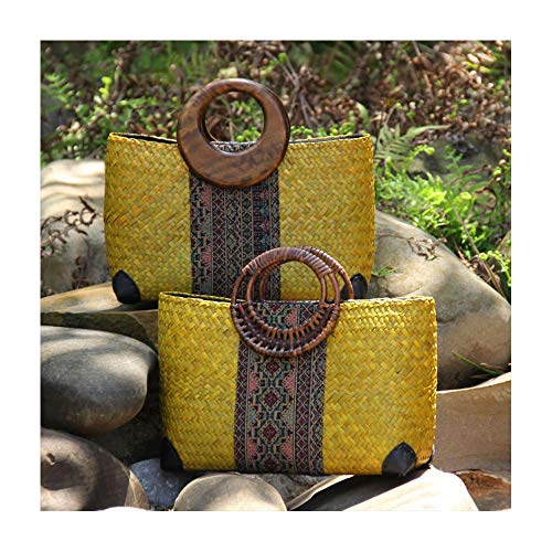 QTKJ Women Summer Retro Straw Bag with Printing Hand-woven Beach Handbag Top Round Handle Boho Tote Bag Shopping and Travel Large Bag (Yellow)
