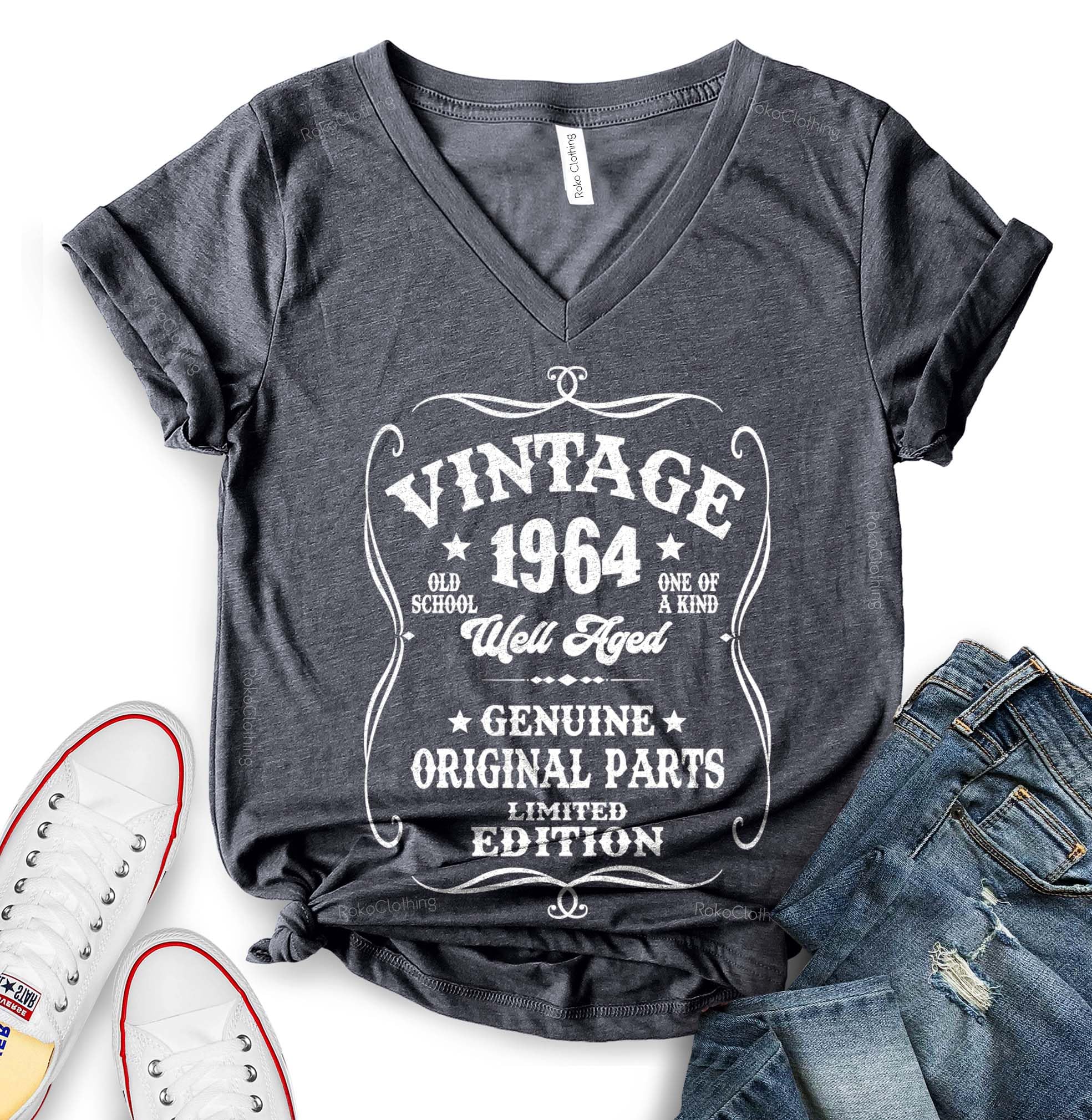 ROKO CLOTHING Vintage Well Aged 1964 Shirts Short Sleeve Letter Printed Graphic 60th Birthday Gift Women and Men Heather Dark Grey