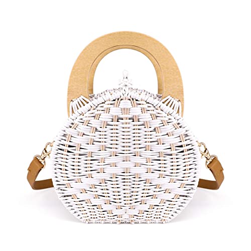 QTKJ Hand-Woven Round Rattan Wooden Handle Tote Bag Summer Beach Straw Crossbody Bag Shoulder Bag with Adjustable Leather Shoulder Strap (White)