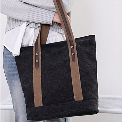 Canvas Tote Bag for Women Casual Top Handle Work Totes Purse Shopping Handbags Shoulder Bag (Black)