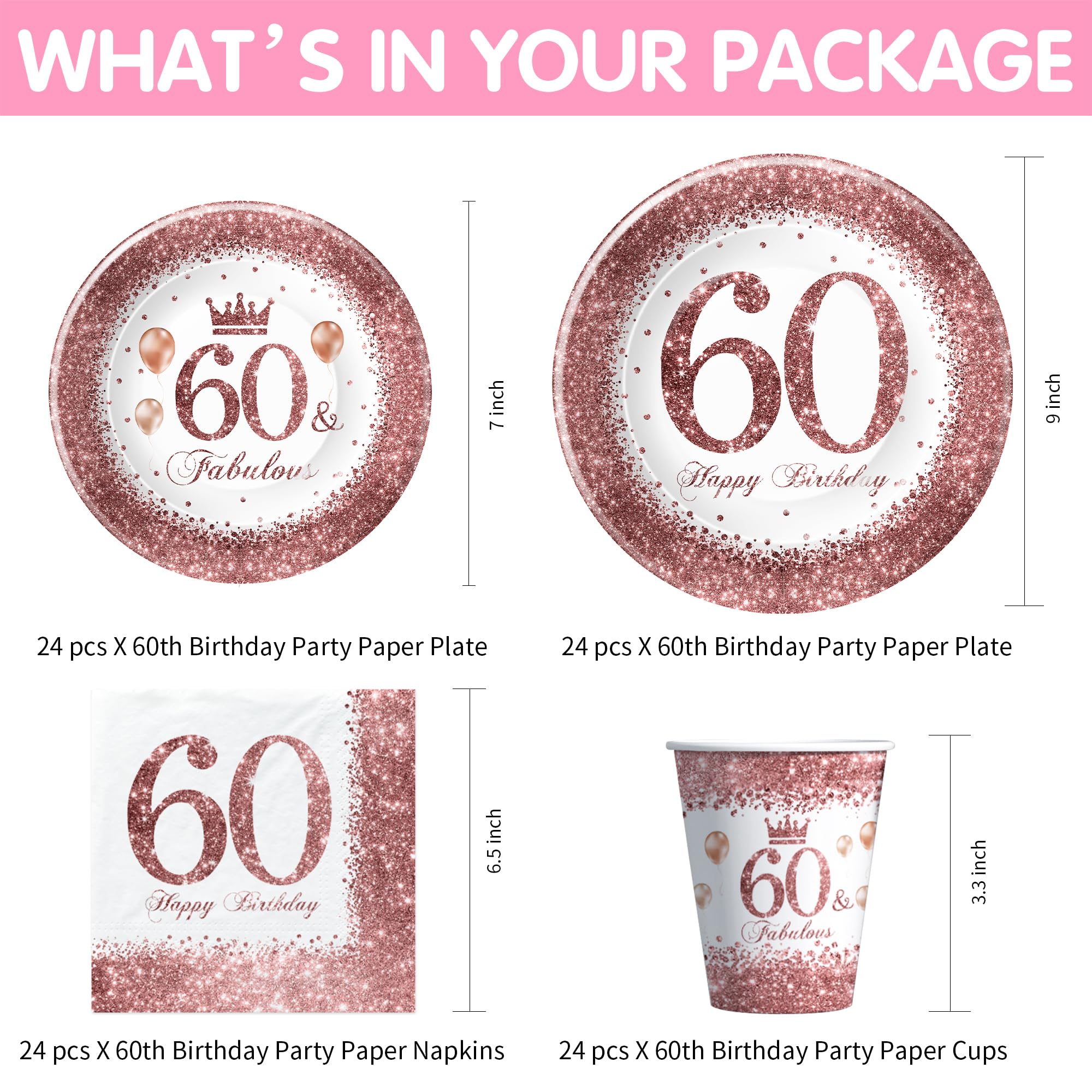 Xigejob 60th Birthday Decorations Women Tableware, Rose Gold 60 And Fabulous Decorations Dinnerware, Plate, Cup, Napkin, Tablecloth, Cutlery, Happy Sixty 60-Year-Old Birthday Party Supplies, Serve 24