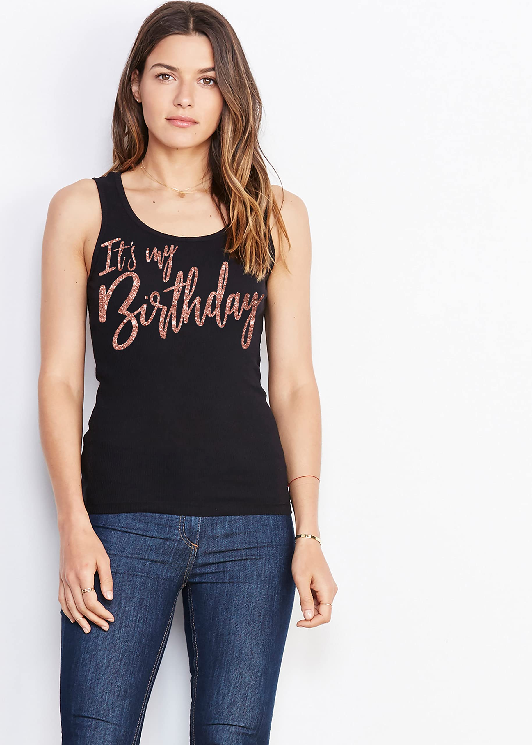 Birthday Gift for Her - Rose Gold Sparkle Glam It's My Birthday Tank Top - Womens Birthday Tanks - X-Large - Black Tank(RG GlmIMB) XL