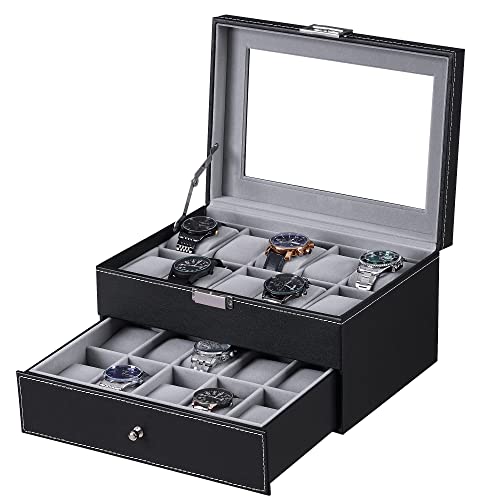 BEWISHOME Watch Box Organizer 20 Men Display Storage Case Metal Hinge Black PU Leather Glass Top Large Holder SSH04B