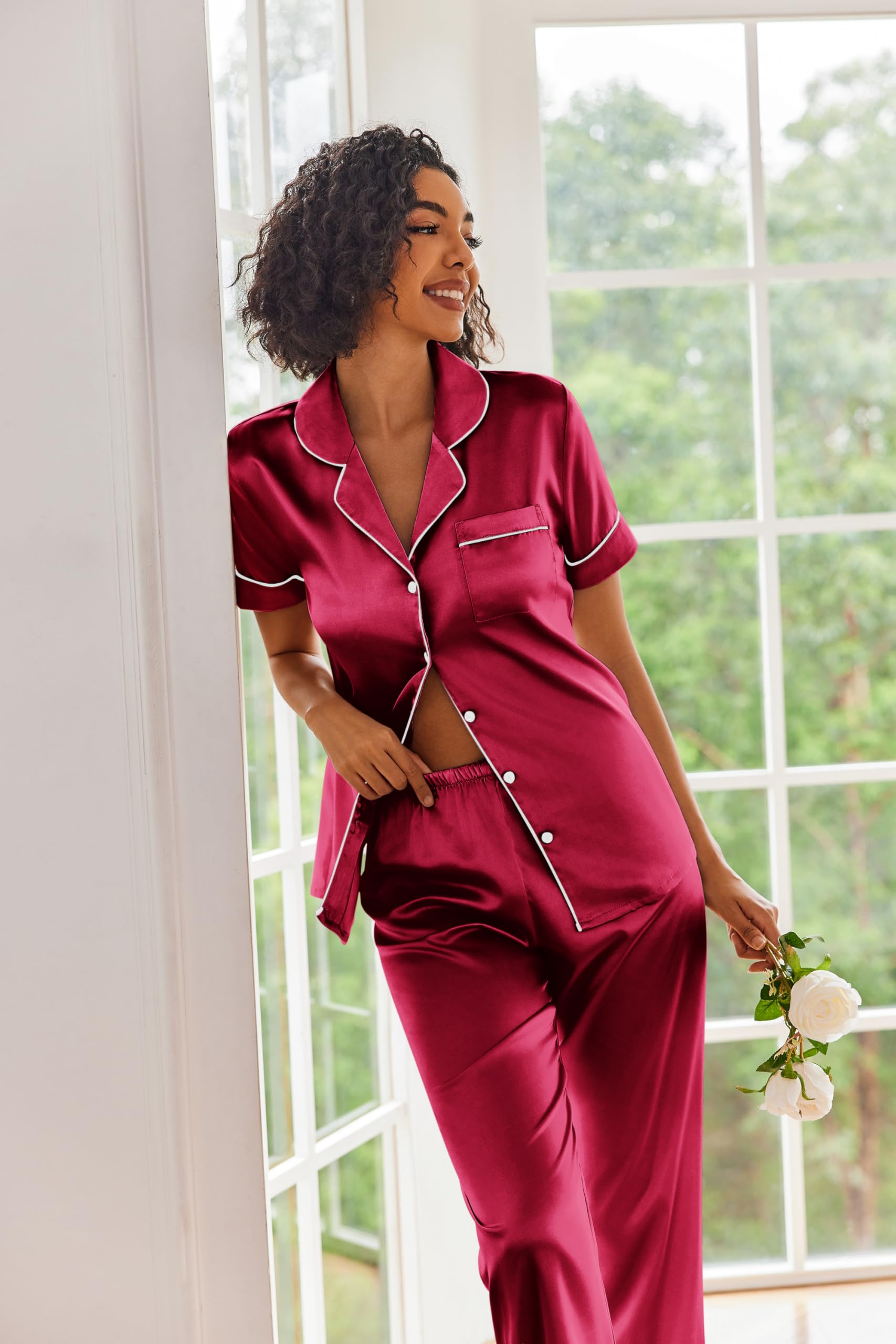 Ekouaer Silk Satin Pajamas Set Women Short Sleeve Sleepwear Soft Button Down Loungewear Pjs Set Wine Red XX-Large