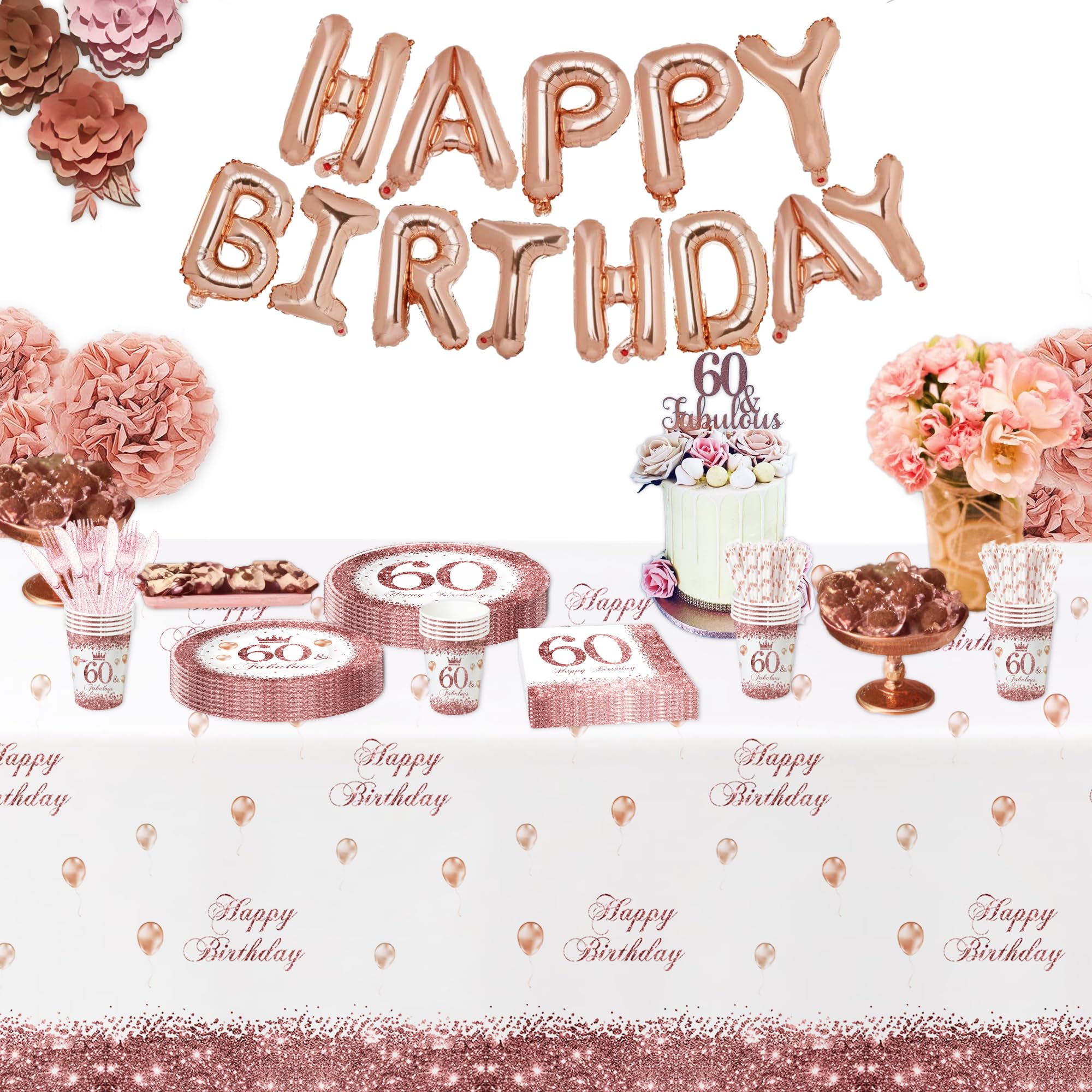 Xigejob 60th Birthday Decorations Women Tableware, Rose Gold 60 And Fabulous Decorations Dinnerware, Plate, Cup, Napkin, Tablecloth, Cutlery, Happy Sixty 60-Year-Old Birthday Party Supplies, Serve 24