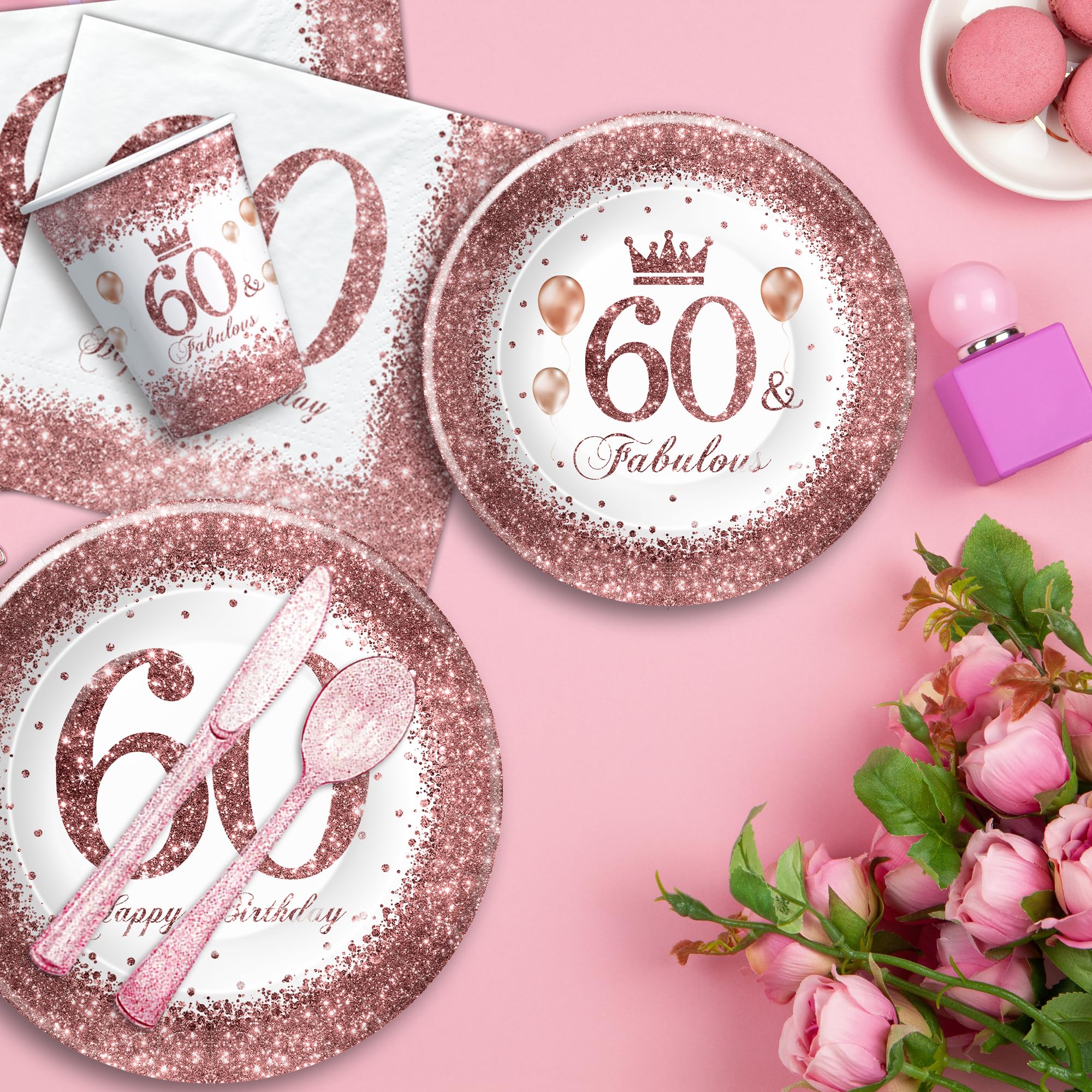 Xigejob 60th Birthday Decorations Women Tableware, Rose Gold 60 And Fabulous Decorations Dinnerware, Plate, Cup, Napkin, Tablecloth, Cutlery, Happy Sixty 60-Year-Old Birthday Party Supplies, Serve 24