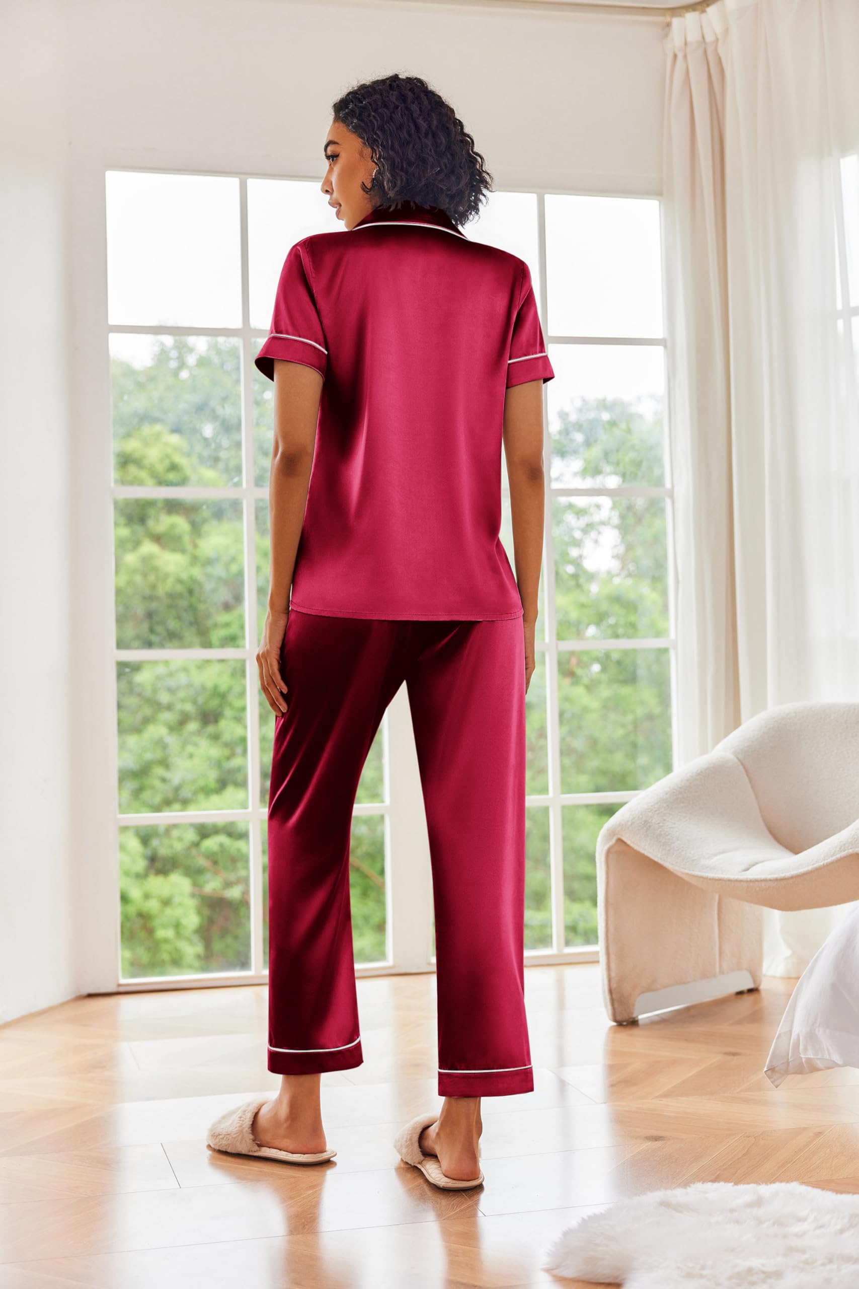 Ekouaer Silk Satin Pajamas Set Women Short Sleeve Sleepwear Soft Button Down Loungewear Pjs Set Wine Red XX-Large