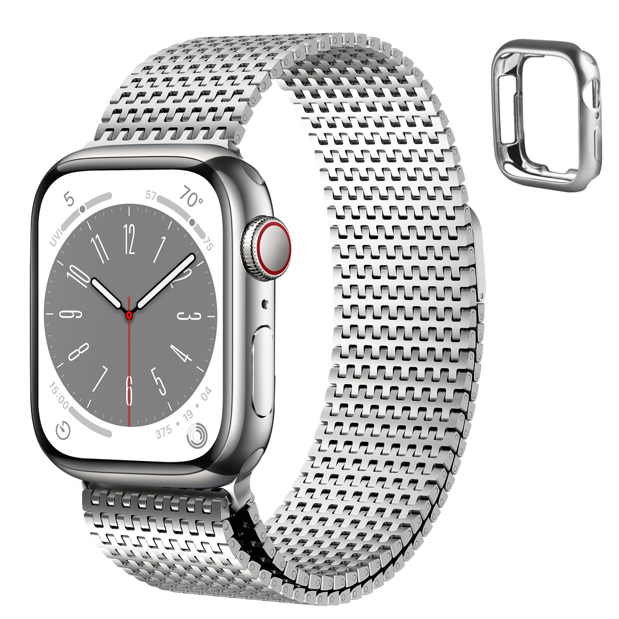 Fullmosa Compatible Apple Watch Metal Bands 45mm 44mm 42mm, Stainless Steel Mesh Loop Magnetic Clasp iWatch Band with TPU Case for Apple Watch Series 9 8 7 6 5 4 3 2 1 SE SE2 for Men Women (Silver)