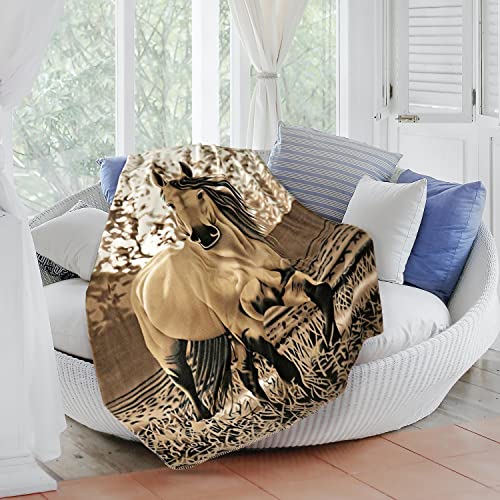 Elegant Western Galloping Horse Fleece Throw Blanket β Lightweight Super Soft Polyester Blanket for Couch Chair Sofa Living Room β 63"x73" Large Brown Horse Printed Blanket