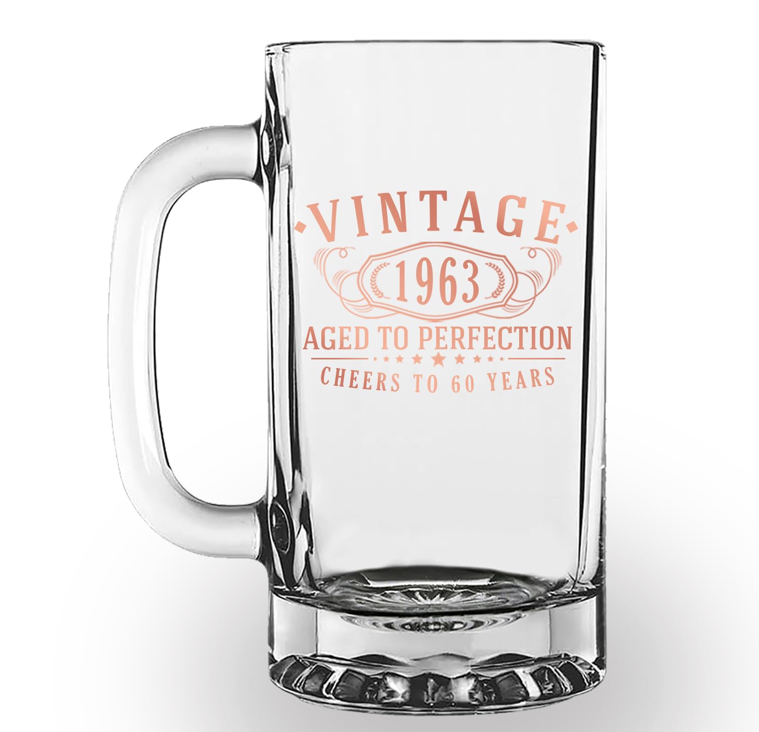 Vintage 1963 Rose Gold Printed 16oz Glass Beer Mug Stein – Happy 60th Birthday Gifts Men Women, Cheers to 60 Years, Turning 60 Man Decorations Decor, Anniversary Bday Party Favors, Gift Ideas Him 1.0