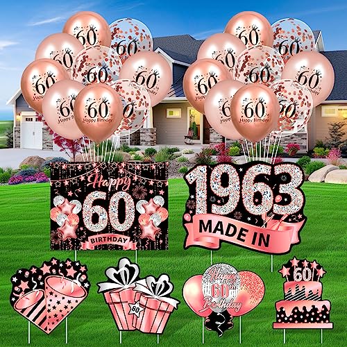 Rose Gold 60th Birthday Decorations for Women 6Pcs 60th Birthday Yard Signs Made in 1963 Lawn Sign & 18Pcs Rose Gold 60th Birthday Balloons for 60 Years Old Party Anniversary Outdoor Decor Supplies