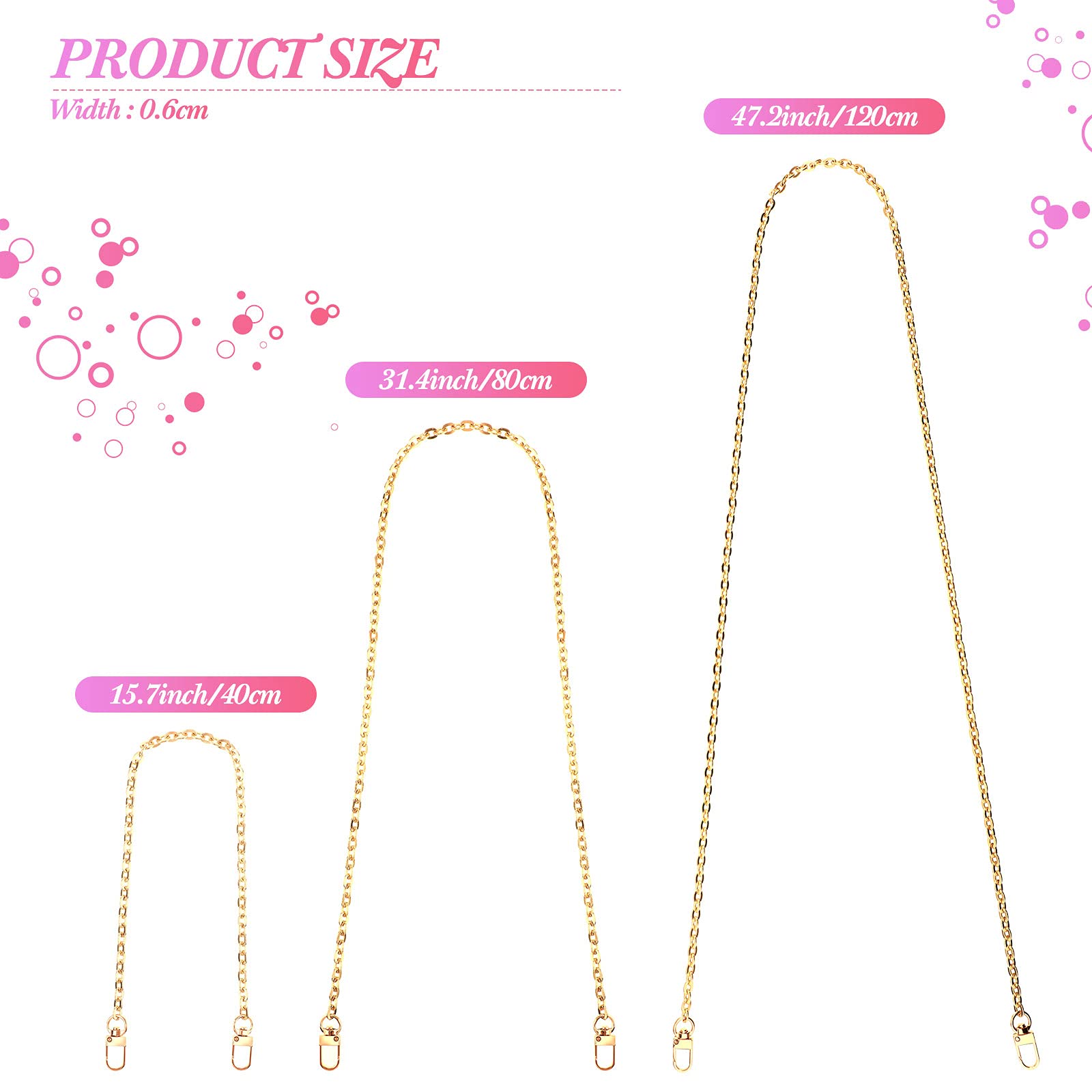 Junkin Replacement Purse Chain Strap Flat Chains Shoulder Straps Purse Link Chains Gold, Classic Style Mini Metal with Metal Slide Hook Buckles for DIY Handbags Crafts 47 Inch 31 Inch 15 Inch