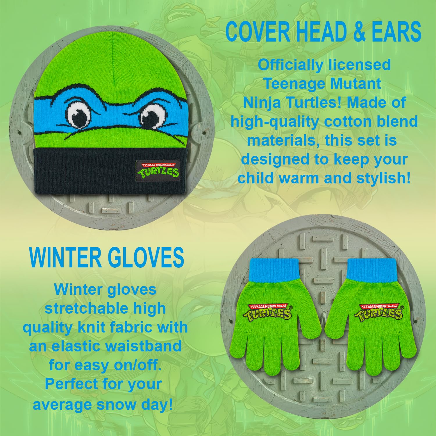 Teenage Mutant Ninja Turtles Boys Winter Hat Ages 4-12 with Winter Gloves – Boys TMNT Winter Hat and Glove Set