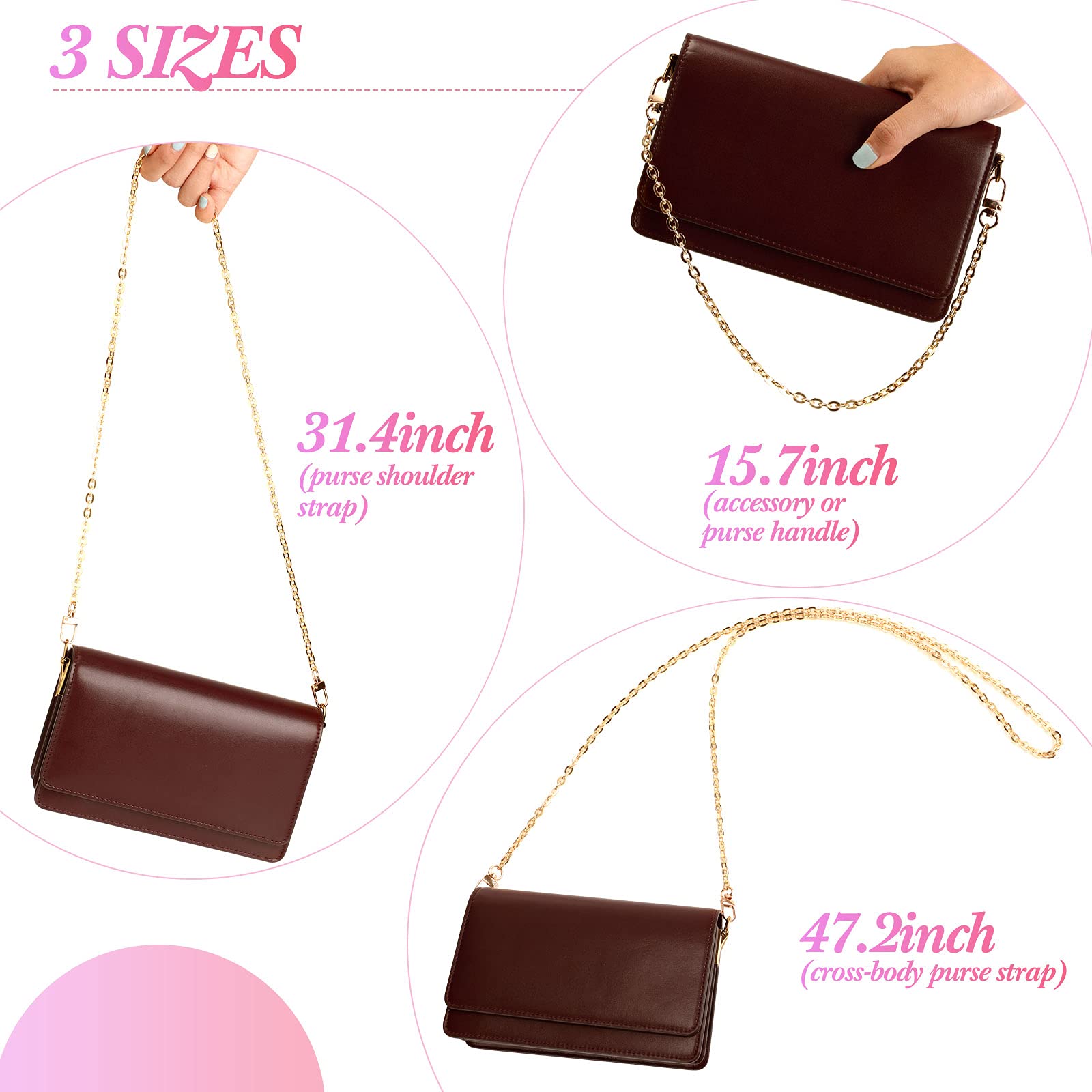 Junkin Replacement Purse Chain Strap Flat Chains Shoulder Straps Purse Link Chains Gold, Classic Style Mini Metal with Metal Slide Hook Buckles for DIY Handbags Crafts 47 Inch 31 Inch 15 Inch
