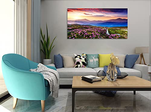 Ardemy Purple Mountain Canvas Wall Art Landscape Picture Prints Modern Painting, Wildflowers Scenery Artwork Ready to Hang for Living Room Bedroom Bathroom Home Office Decor, One Panel Framed 40"x20"