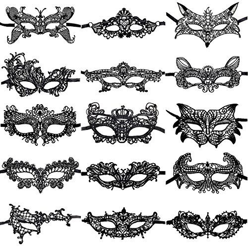 CNYMANY 15 Packs Women's Sexy Flexible Lace Masks Eye-mask for Ball Party Venetian Masquerade Costume - Black