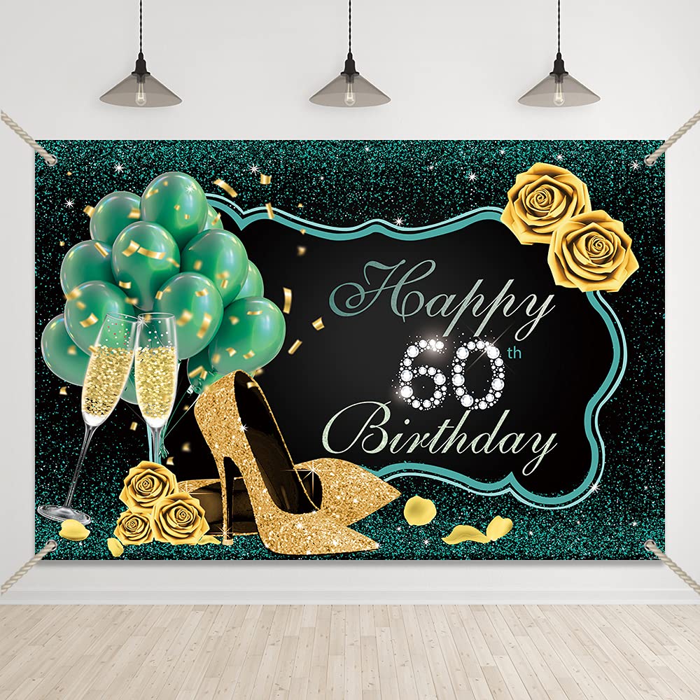 Bellimas Happy 60th Birthday Backdrop Green and Black Women Birthday Party Background High Heels Gold Rose Sixty Birthday Prom Party Supplies Banner with Copper Grommets
