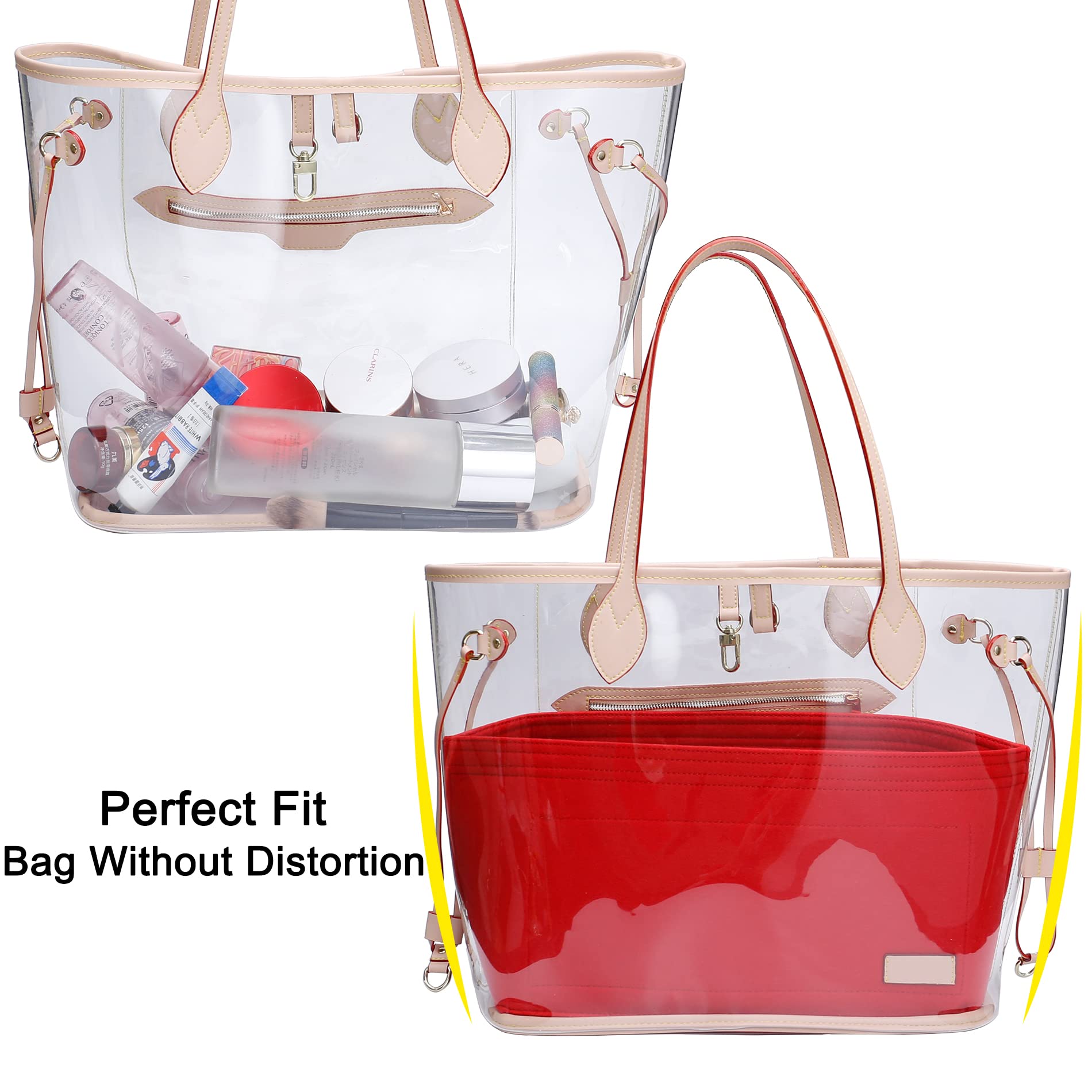 Doxo Purse Organizer Insert for Handbags & Base Shaper 2pc Set,Felt Organizer Insert Large Tote,Bag Organizer with Zipper 7 Sizes,Fit Speedy Neverfull MM/City33 and More(Red-L-Combination)