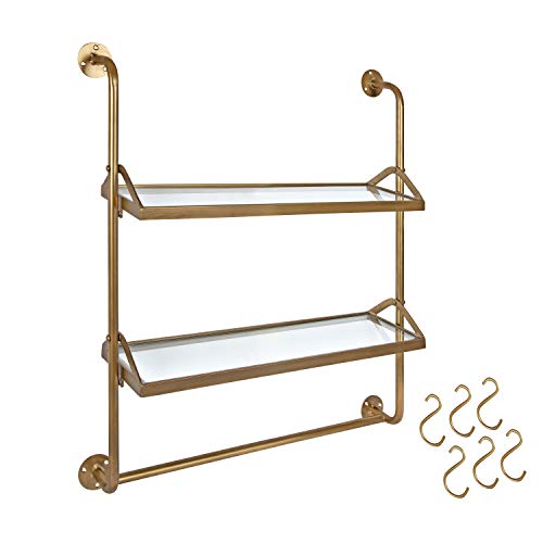 Kate and Laurel Marit Modern Industrial Wall Shelf with Metal Pipe Supports and Glass Shelves, Gold