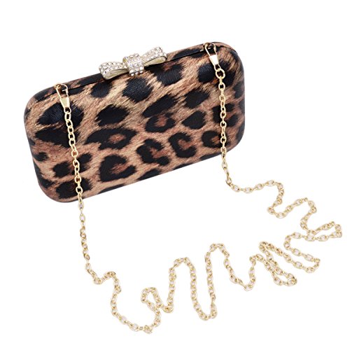 Elegant Leopard PU Leather Crystal Bow Top Hard Clutch, Brown
