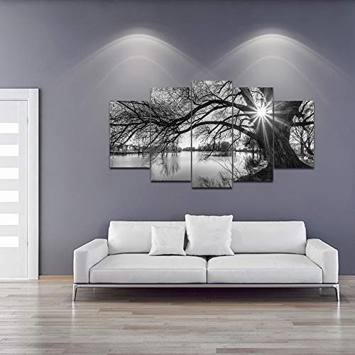 sechars - 5 Pieces Wall Art Old Tree by Lake Picture Canvas Prints Sunrise Painting Black and White Landscape Canvas Art Modern Wall Decoration Framed and Ready to Hang