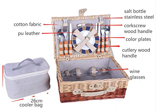 LA Chama Deluxe 4 Person Willow Picnic Basket, 4 Persons Sets, Mobile Ice Pack, Deluxe Plates, Khaki Brown
