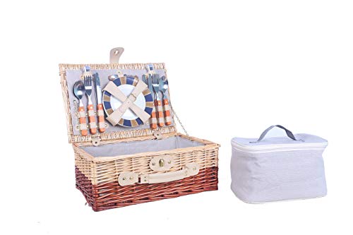 LA Chama Deluxe 4 Person Willow Picnic Basket, 4 Persons Sets, Mobile Ice Pack, Deluxe Plates, Khaki Brown