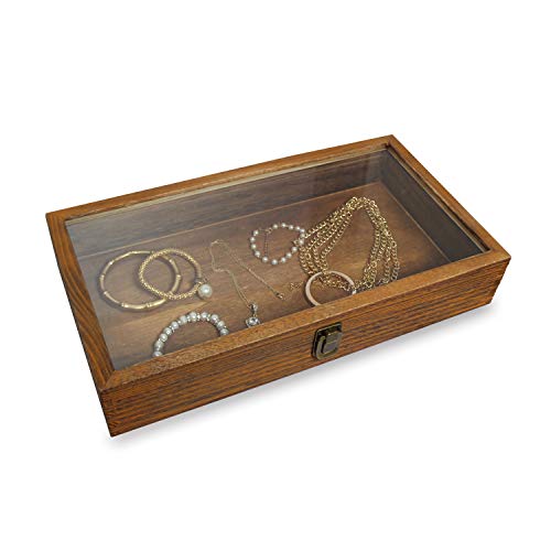 MOOCA Wood Glass Top Jewelry Display Case Accessories Storage, Wooden Jewelry Tray for Collectibles, Home Organization Box with Metal Clasp and Tempered Glass Top Lid, Brown
