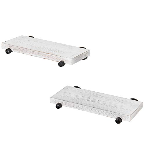 MyGift 16-Inch Rustic White Wood Wall-Mounted Floating Shelves with Black Metal Pipe Brackets, Urban Industrial Wall Hanging Storage and Display Shelf, Set of 2