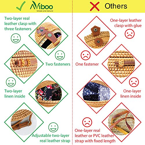 Aviboo Handwoven Round Rattan Straw Crossbody Bags for Women 8” with Adjustable Two-Layer Genuine Leather Strap with Bonus - Rattan Bracelet