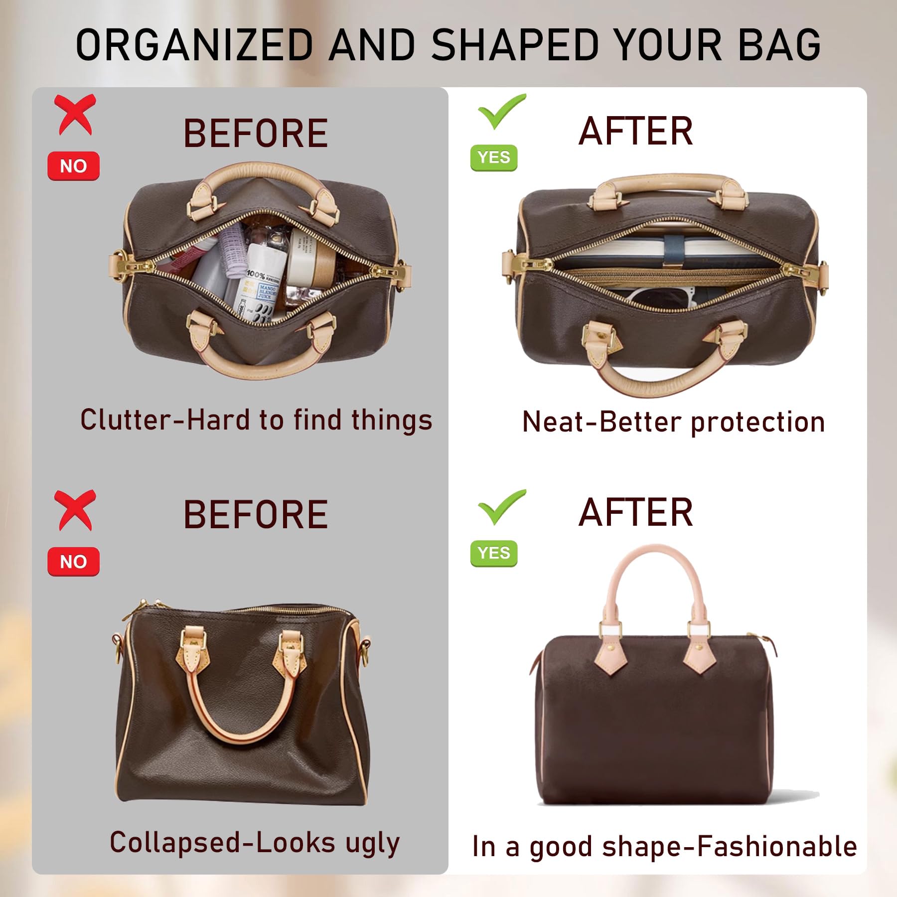 Doxo Purse Organizer Insert for Handbags & Base Shaper Combination,Tote Bag Organizer Insert with 6 Sizes,Compatible with LV Speedy & Neverfull ON THE GO and More (L-Beige)