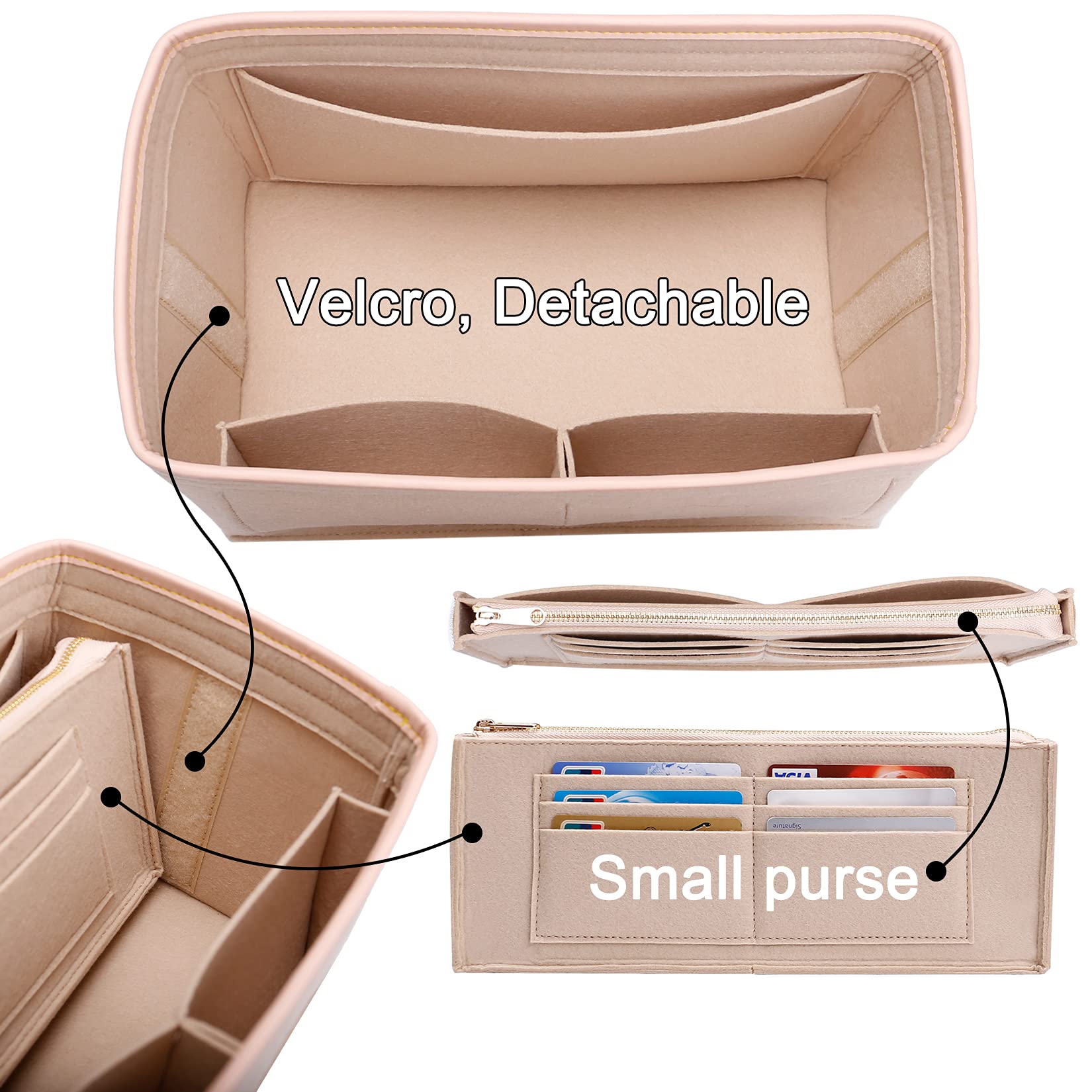 Doxo Purse Organizer Insert for Handbags & Base Shaper Combination,Tote Bag Organizer Insert with 6 Sizes,Compatible with LV Speedy & Neverfull ON THE GO and More (L-Beige)