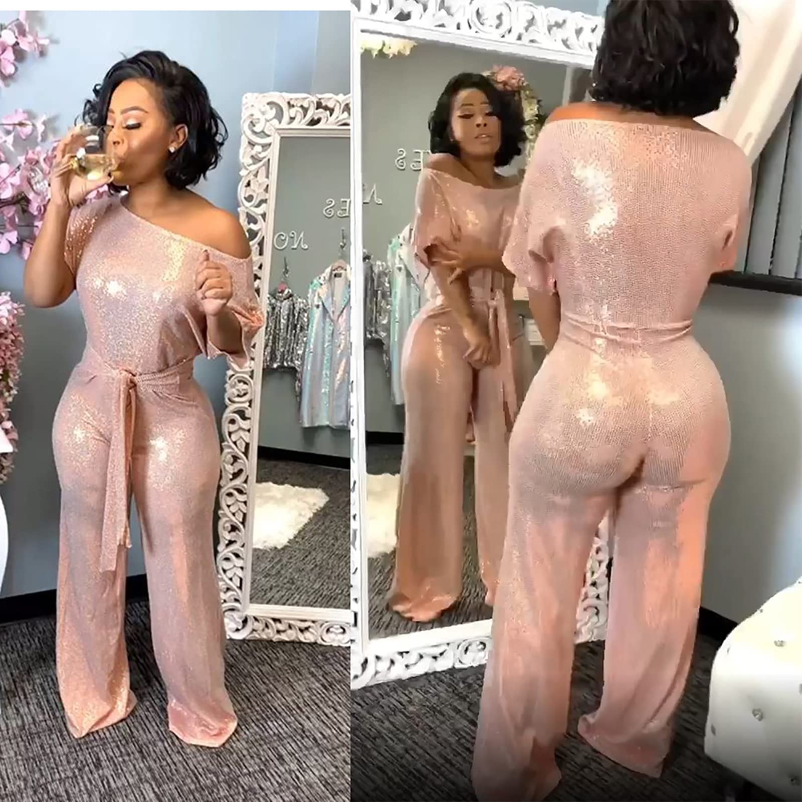 LKOUS Women's Evening Sparkly Jumpsuits Off Shoulder Short Sleeve Party Sequins Rompers High Waisted Wide Leg Pants Suit