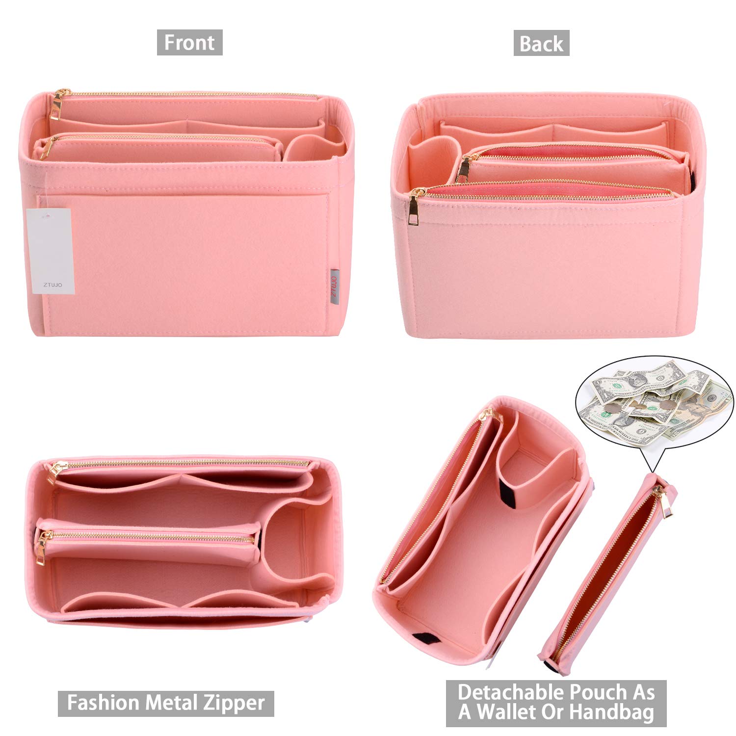 ZTUJO Purse Organizer, Felt Bag Organizer Insert For Speedy, Neverfull, Graceful, Tote, Handbag, Shaper (X-Large, Brush Pink)