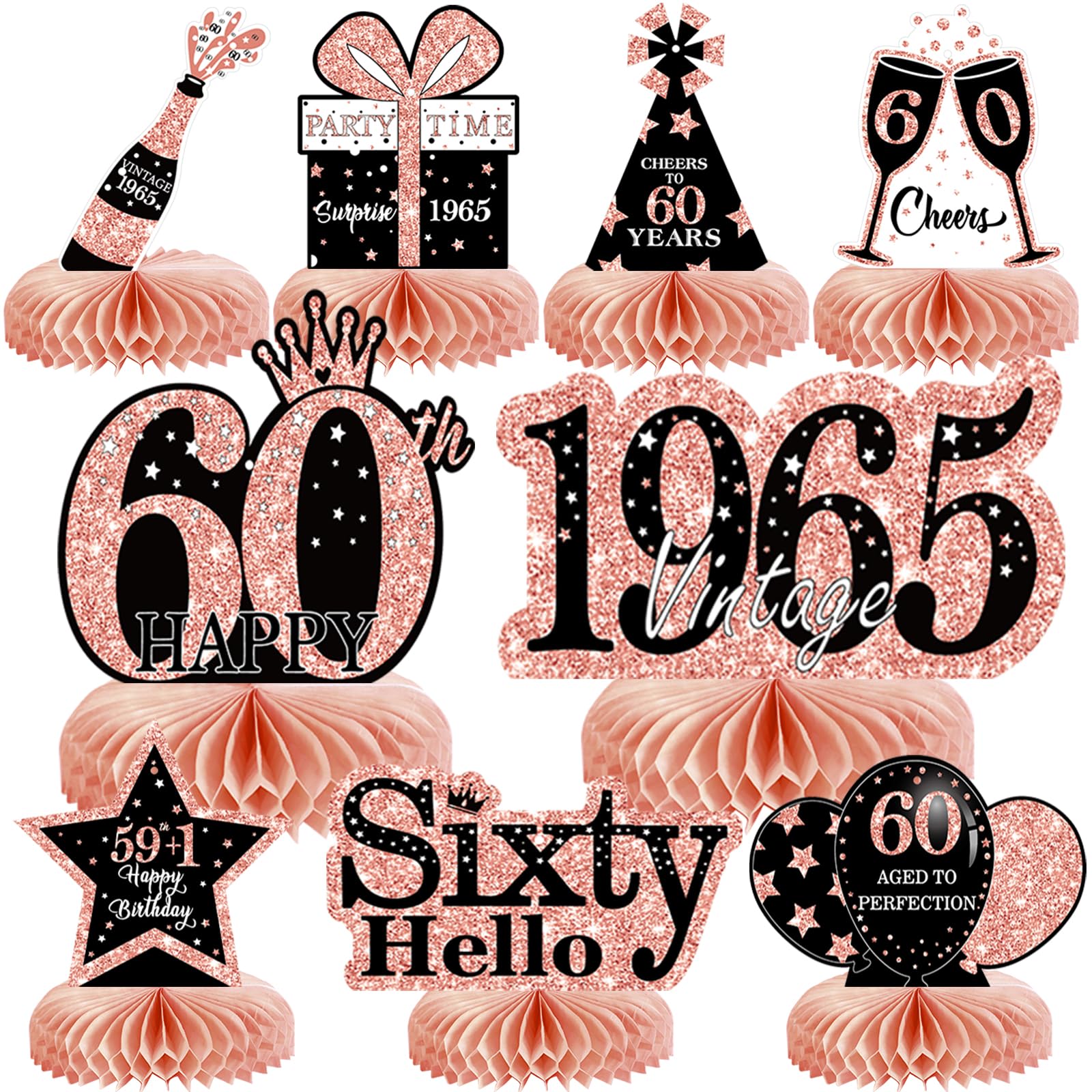 9Pcs 60th Birthday Decorations Honeycomb Centerpieces for Women, Rose Gold Pink Happy 60th Birthday Centerpieces Tables Toppers Party Decorations Supplies, Vintage 1965 Aged Birthday Table Sign Decor