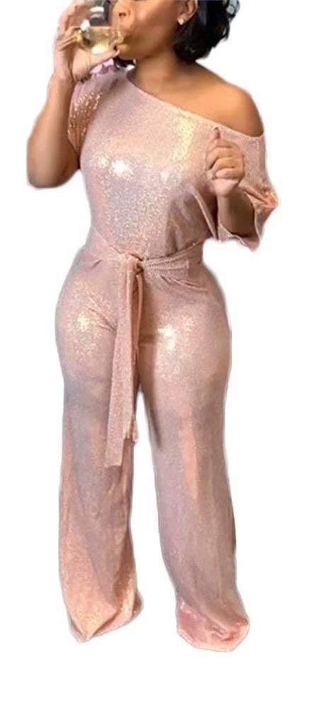 LKOUS Women's Evening Sparkly Jumpsuits Off Shoulder Short Sleeve Party Sequins Rompers High Waisted Wide Leg Pants Suit
