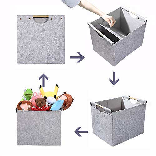 HOONEX Large Foldable Storage Bins, Linen Fabric, 2 Pack, with Wooden Carry Handles and Sturdy Heavy Cardboard, for Home, Office, Car, Nursery, Light Grey