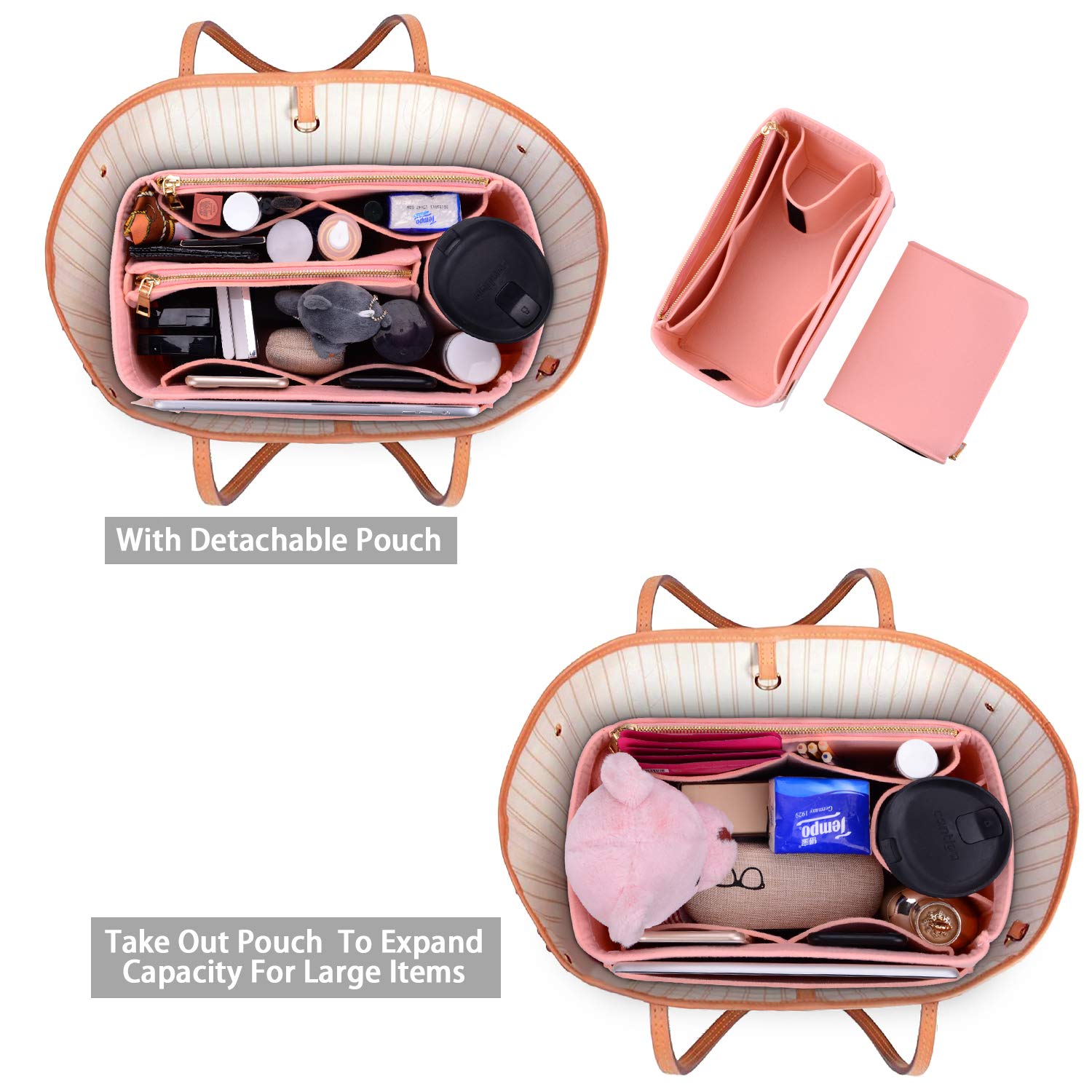 ZTUJO Purse Organizer, Felt Bag Organizer Insert For Speedy, Neverfull, Graceful, Tote, Handbag, Shaper (X-Large, Brush Pink)