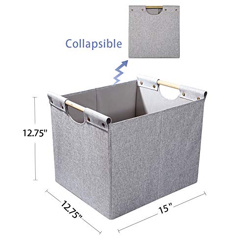 HOONEX Large Foldable Storage Bins, Linen Fabric, 2 Pack, with Wooden Carry Handles and Sturdy Heavy Cardboard, for Home, Office, Car, Nursery, Light Grey