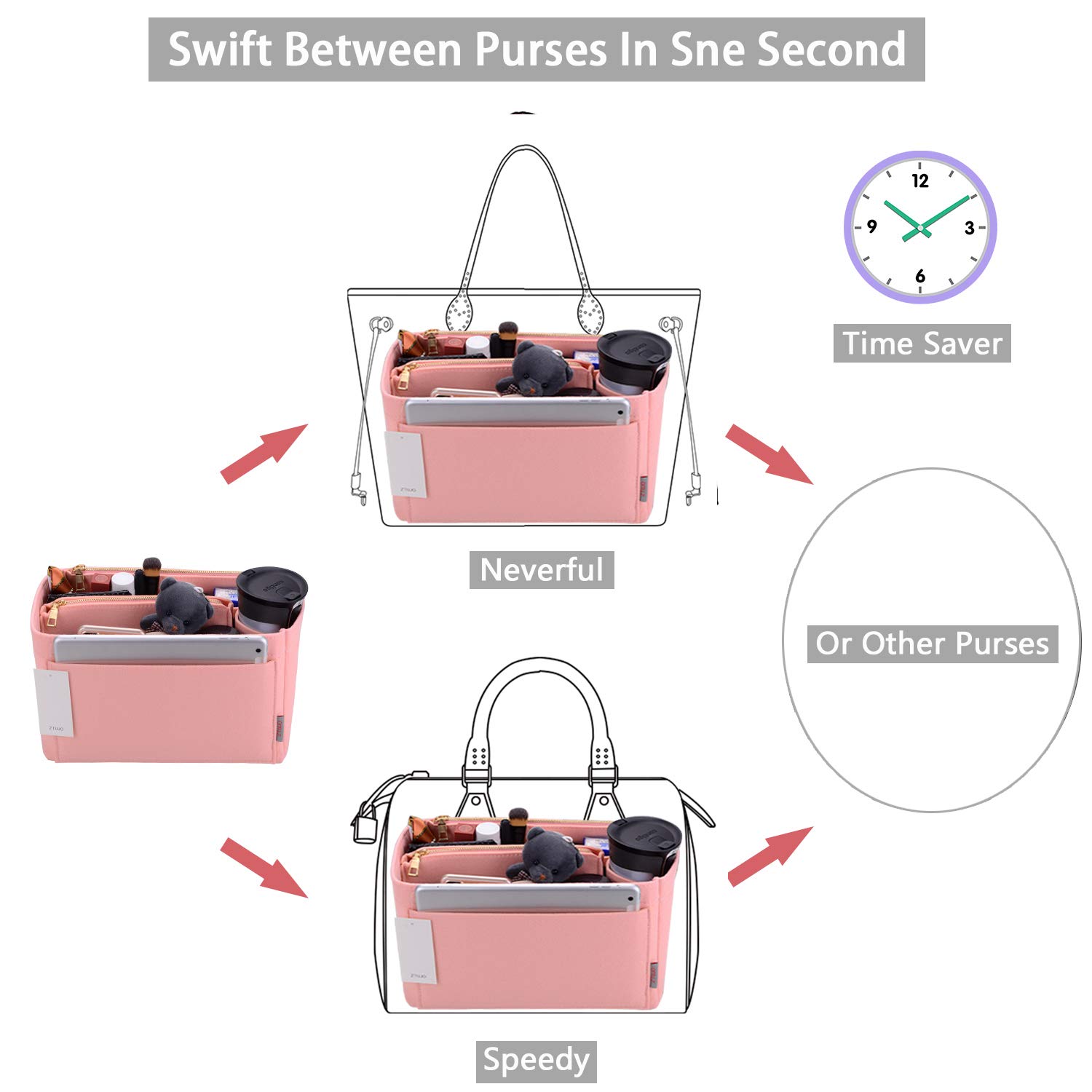 ZTUJO Purse Organizer, Felt Bag Organizer Insert For Speedy, Neverfull, Graceful, Tote, Handbag, Shaper (X-Large, Brush Pink)