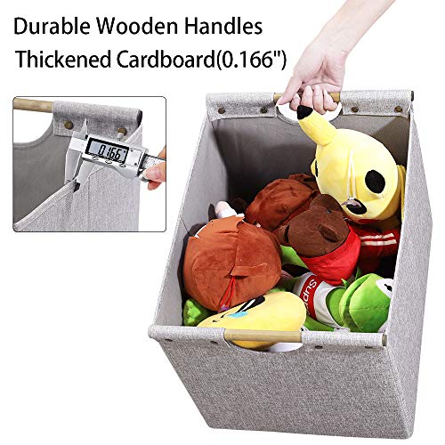 HOONEX Large Foldable Storage Bins, Linen Fabric, 2 Pack, with Wooden Carry Handles and Sturdy Heavy Cardboard, for Home, Office, Car, Nursery, Light Grey
