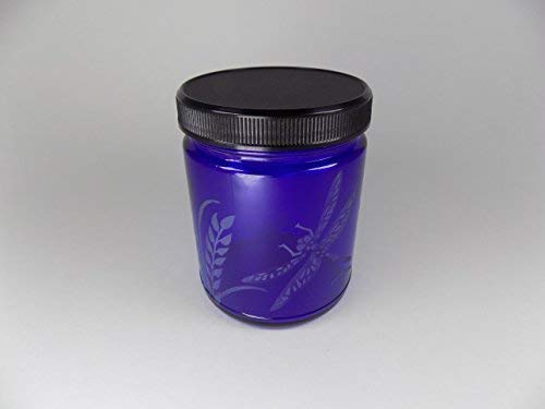 IncisoArt Hand Etched Decorative Jar Permanently Sandblasted (Sand Carved) Glass Handmade Custom Canister Screw-Top Lid (9 Ounce, Cobalt Blue Dragonfly Grass)