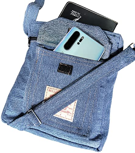 Upcycling Blue Denim Jeans Messenger Cross Body Shoulder Handbag Purse for Unisex