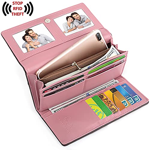 UTO-Wallet-for-Women Large Capacity PU Leather Pink Card Holder Phone Case Zipper Pocket Purse Clutch 204 (Pink)