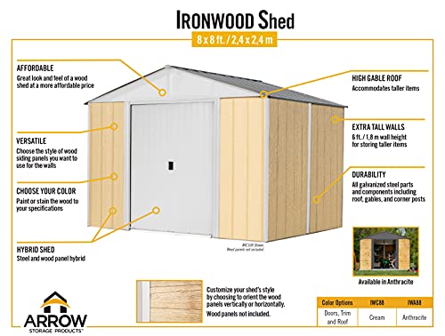 Arrow Shed 8' x 8' Ironwood Galvanized Steel and Wood Panel Hybrid Outdoor Shed Kit, Anthracite