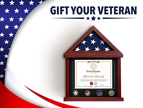flybold Small Flag Case for American Veteran Burial Flag - Solid Wood Military Shadow Box with Wall Mount fits a 3 x 5 ft Folded Flag Display Case Set with Certificate Holder - Mahogany Frame
